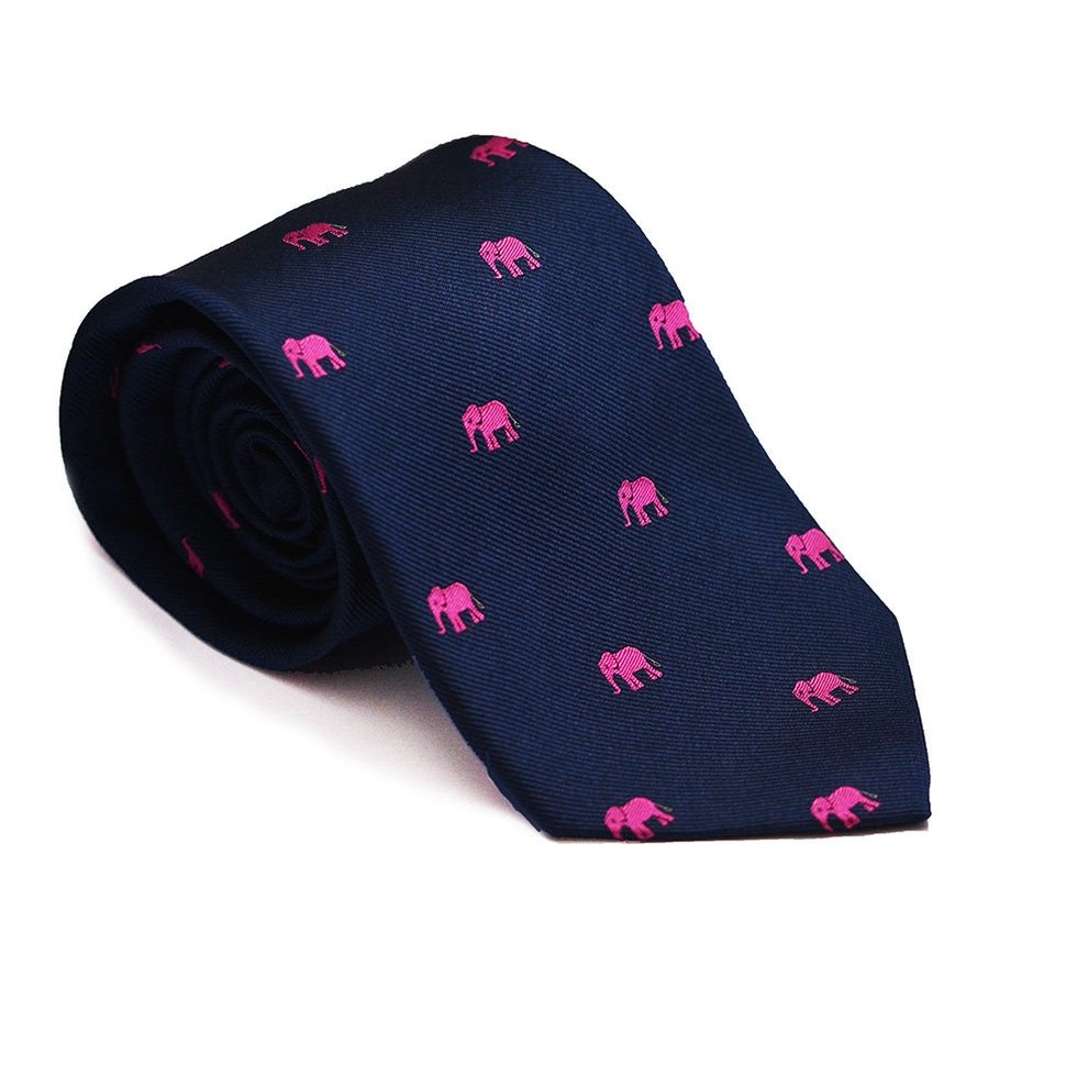 Elephant Necktie - Pink on Navy, Woven Silk - Spread – SummerTies